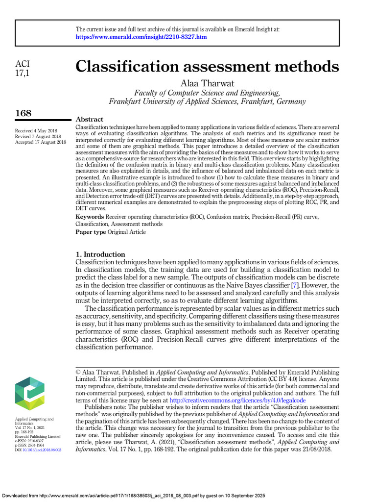Classification Assessment Methods | PDF | Sensitivity And Specificity ...