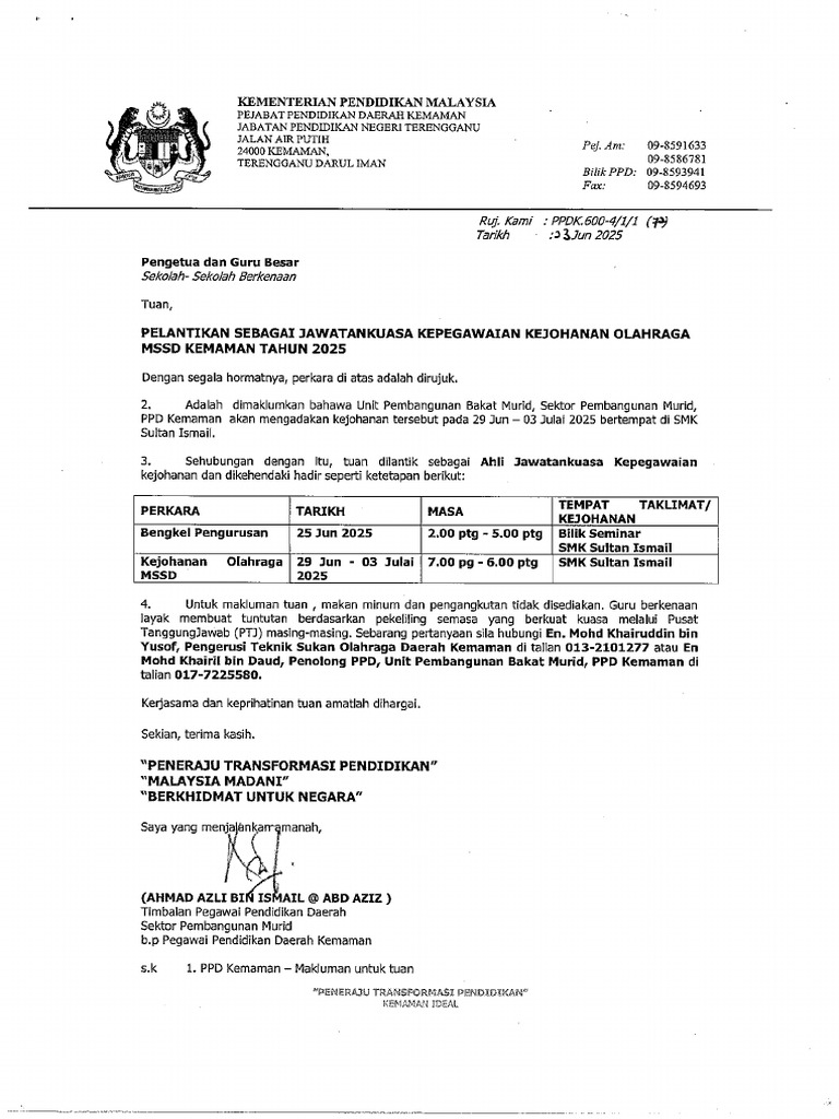 Pelantikan Sebagai Jawatankuasa Kepegawaian Kejohanan Olahraga MSSDK | PDF