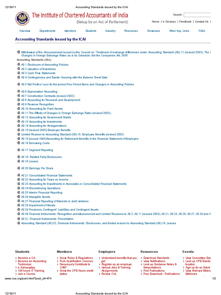 Accounting Standards Issued by The ICAI | PDF | Financial Statement ...