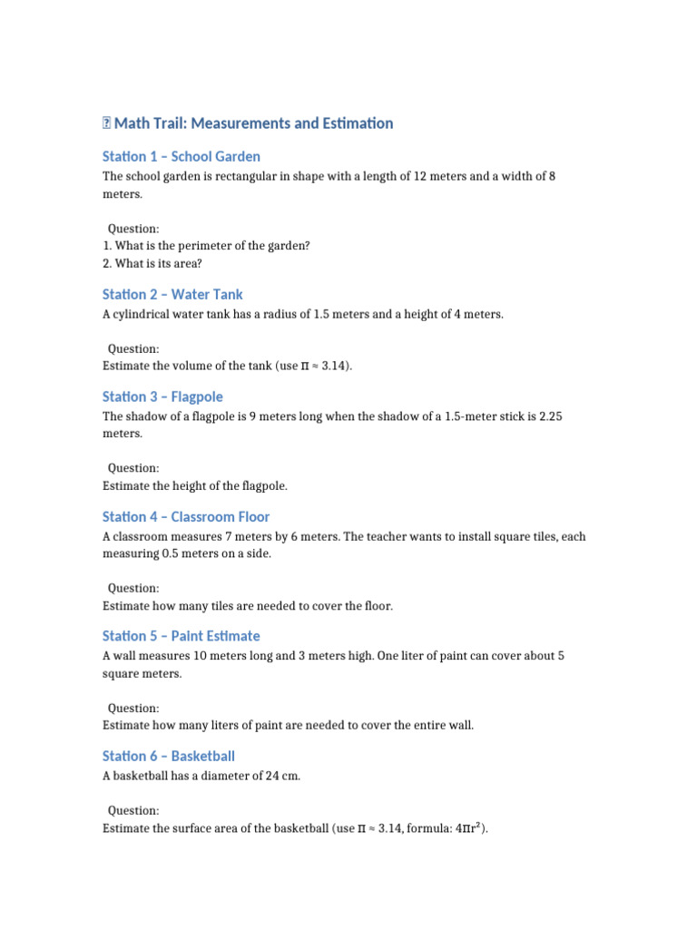 Math Trail Measurements and Estimation | PDF