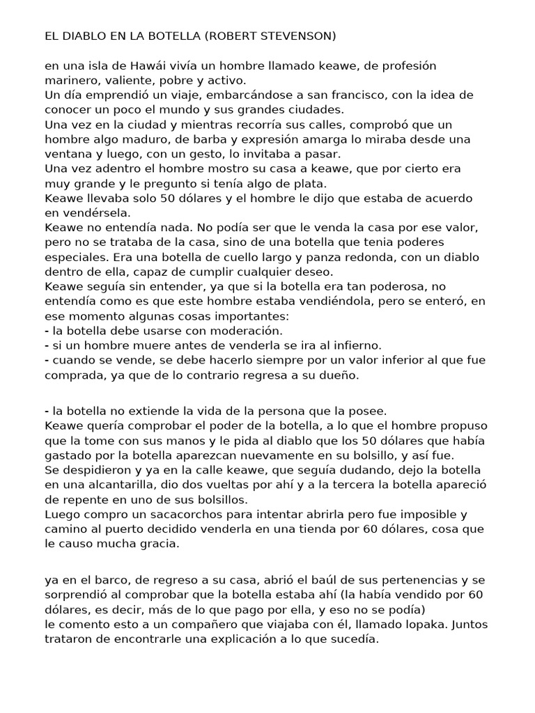 El Diablo en La Botella Cuento | PDF