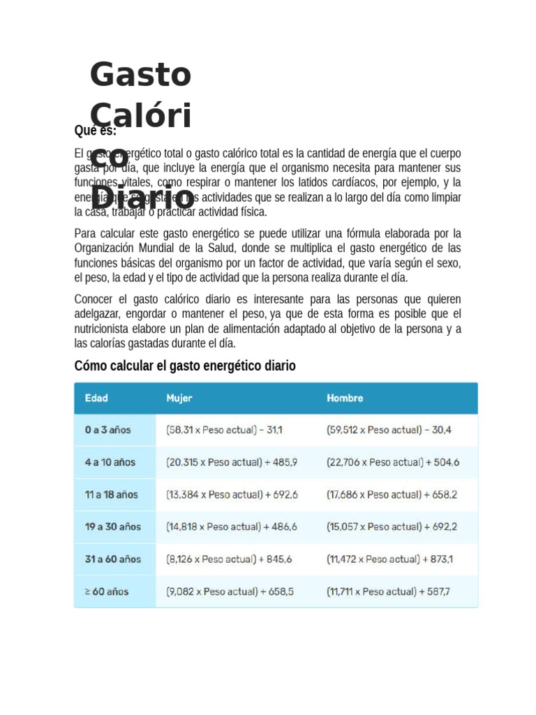 Gasto Calórico Diario | PDF