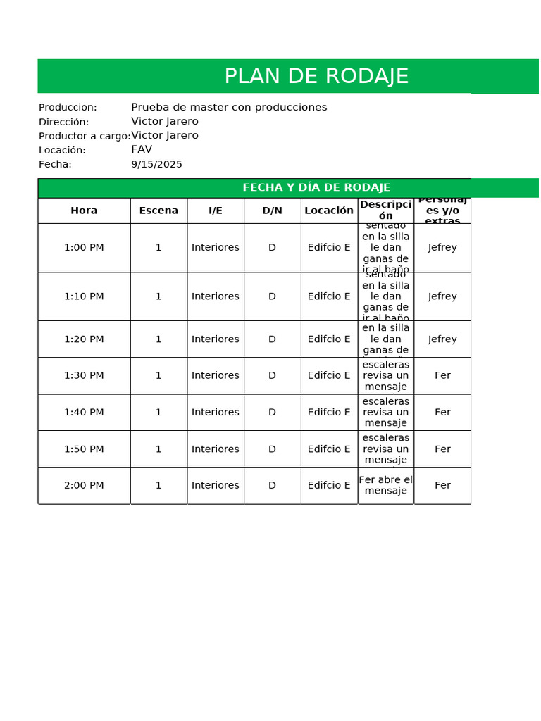 Plantilla Excel Plan de Rodaje | PDF