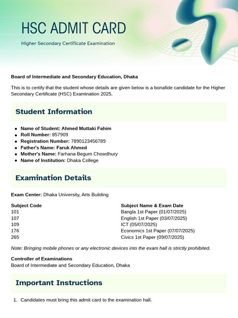 HSC Admit Card - 20250730 - 084244 - 0000 | PDF