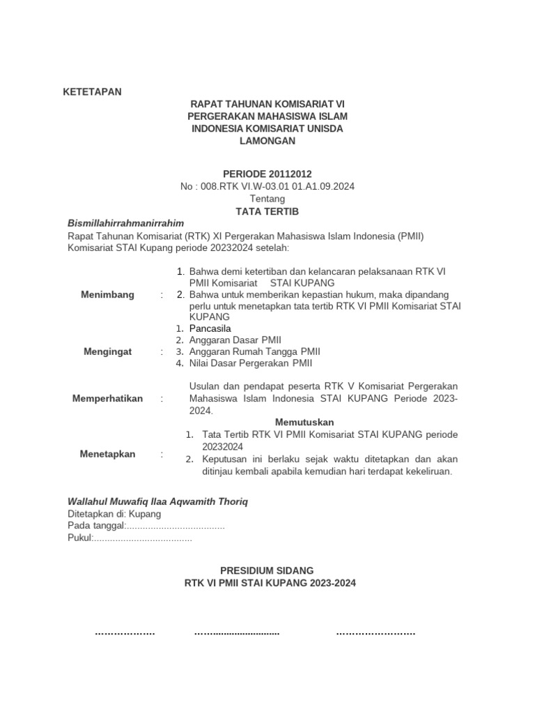 Tata Tertib RTK VI PMII STAI Kupang 2023-2024 | PDF