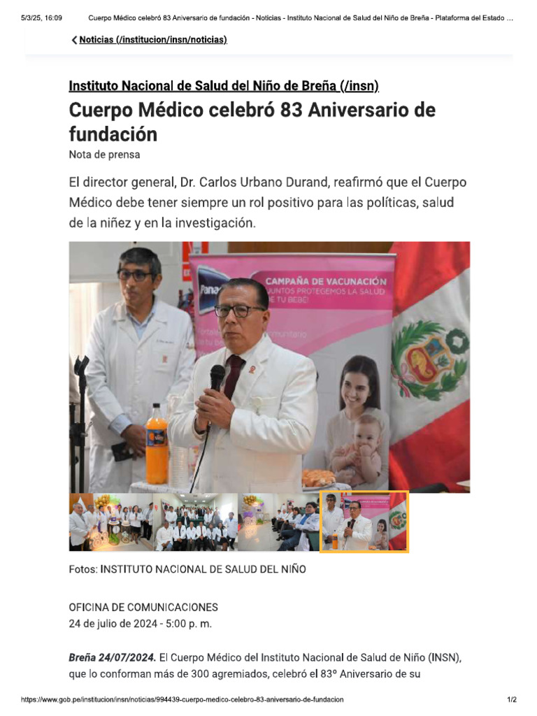 Primer Cuerpo Médico Del Perú INSN Breña (1941) | PDF