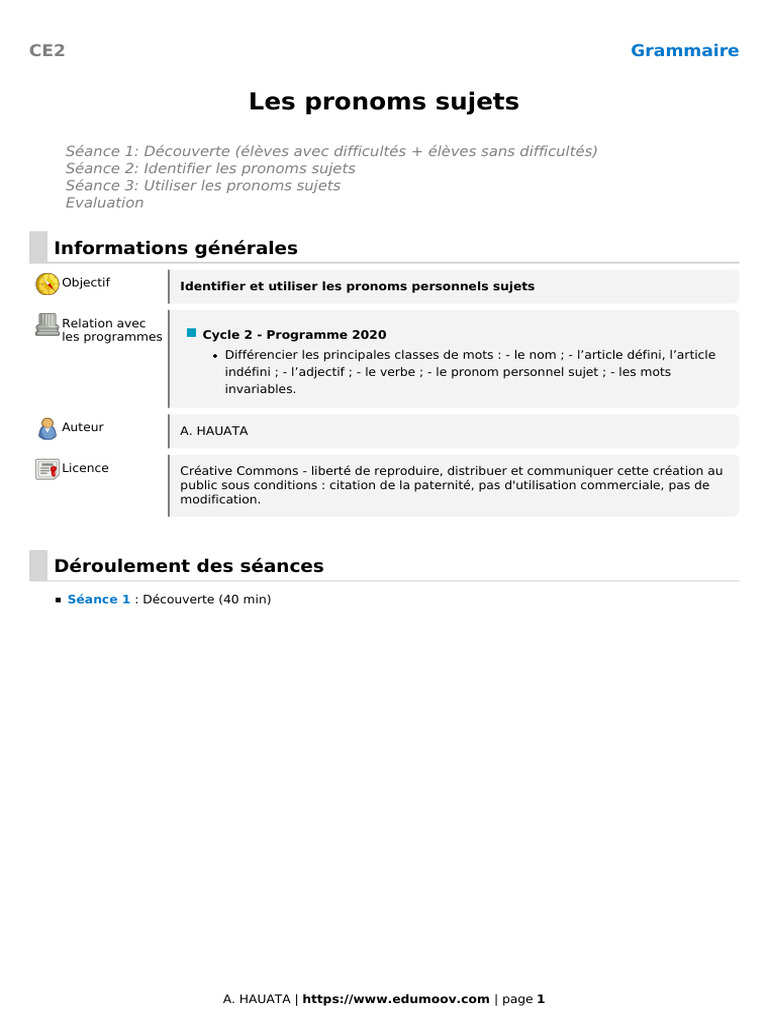 Apprendre les pronoms sujets en CE2 | PDF | Nombre grammatical | Pronom