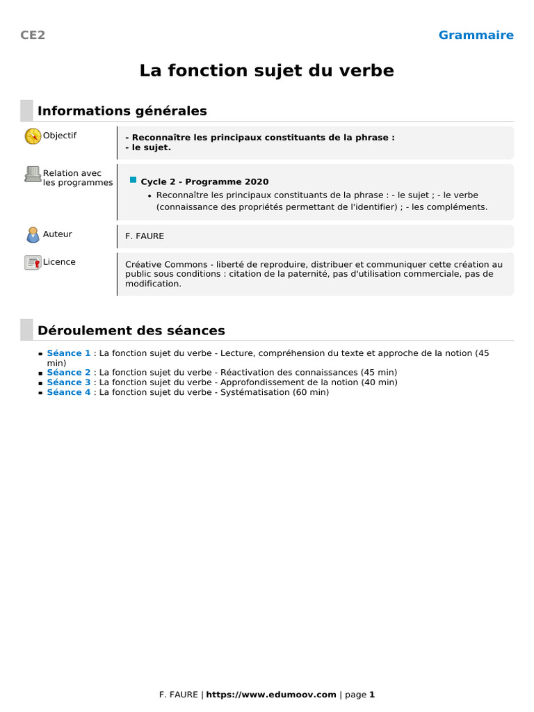 La fonction sujet du verbe en CE2 | PDF | Sujet (Grammaire) | Phrase