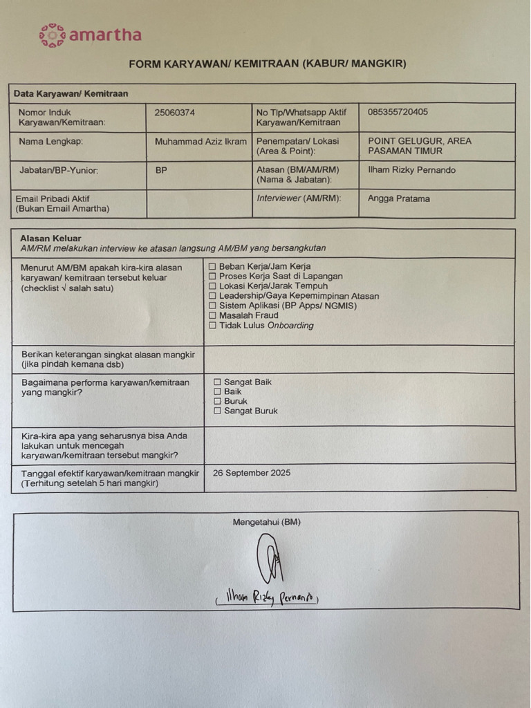 Form Mangkir BP Muhammad Aziz Ikram - Poin | PDF