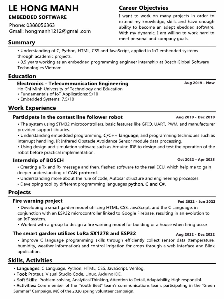 Cv Embedded Lehongmanh Pdf