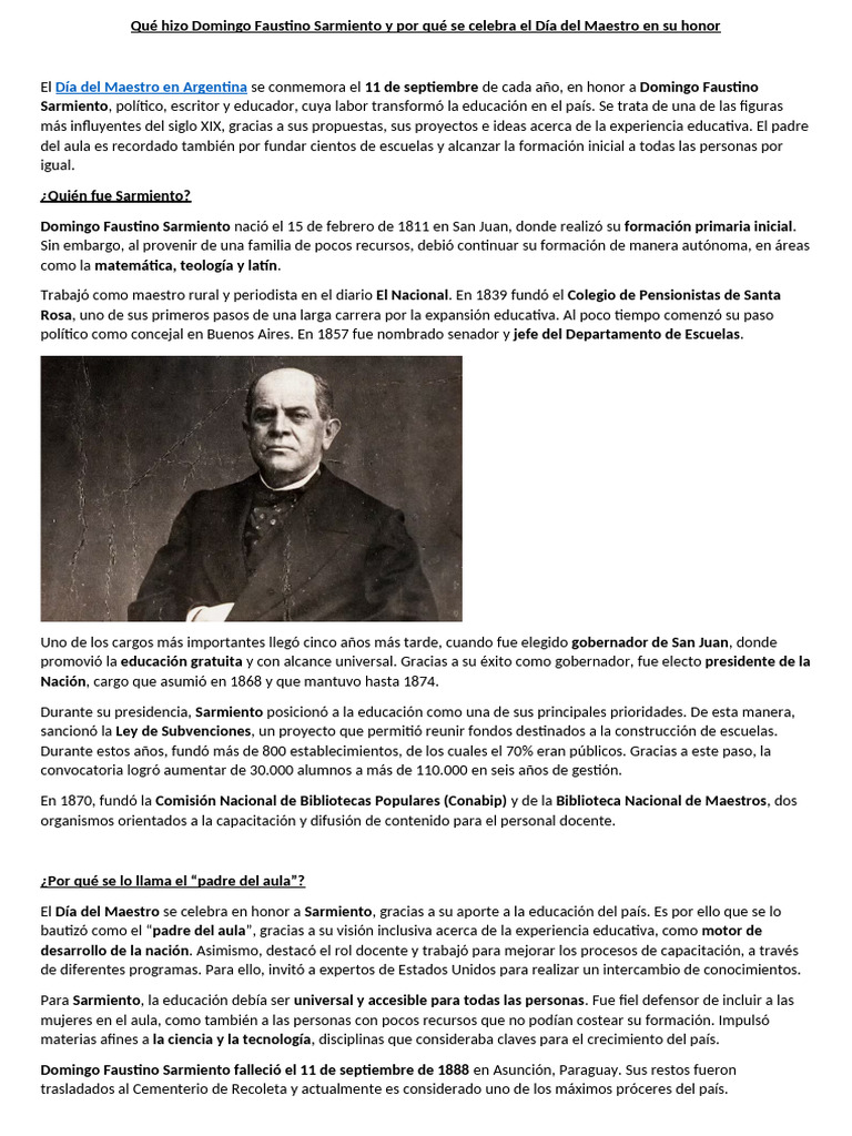Sarmiento: Legado y Día del Maestro | PDF