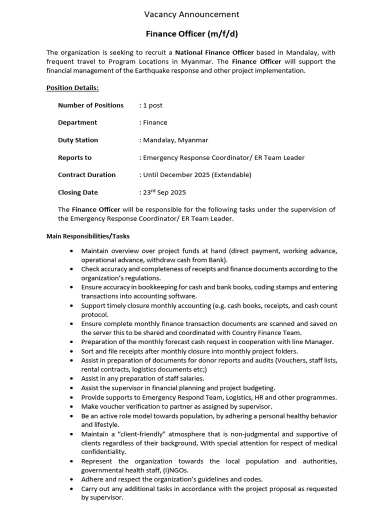 Finance Officer Vacancy in Mandalay | PDF | Non Governmental ...