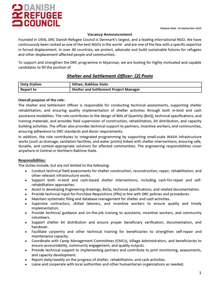 STW VA DRC Shelter and Settlement Officer 19sep2025 | PDF | Non ...