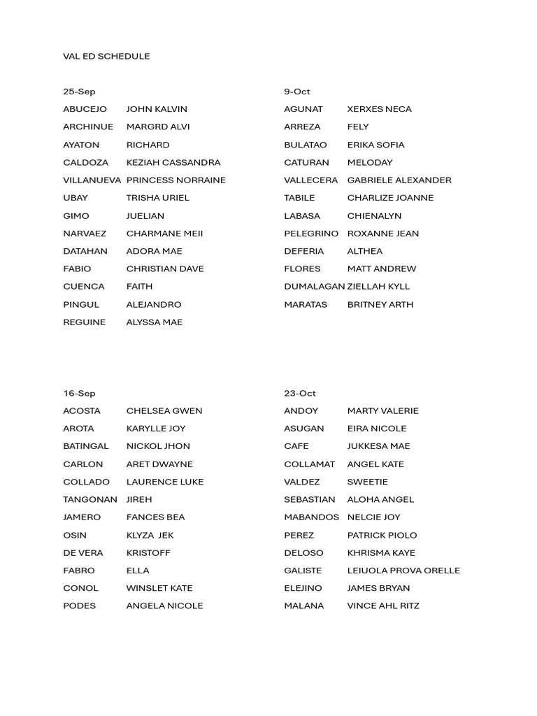 Val Ed Schedule Pdf