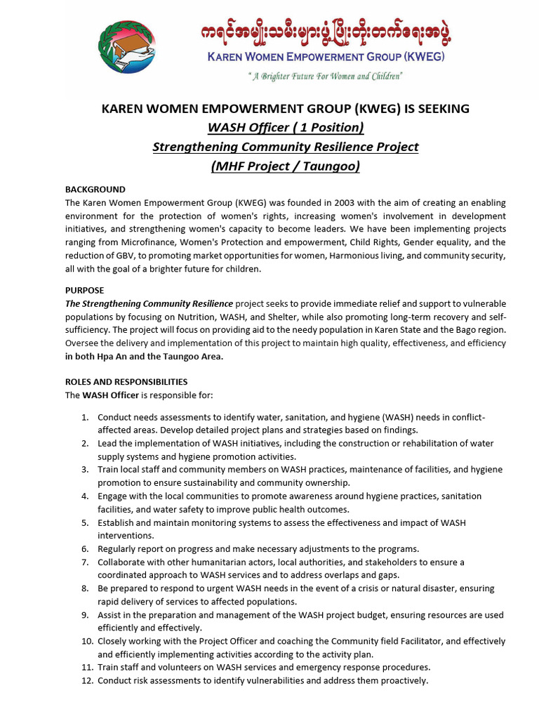 Job Advertisement Wash Officer - MHFTaungoo | PDF | Wash | Non ...
