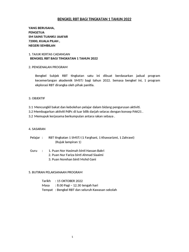 Kertas Kerja Bengkel RBT t1 2022 | PDF