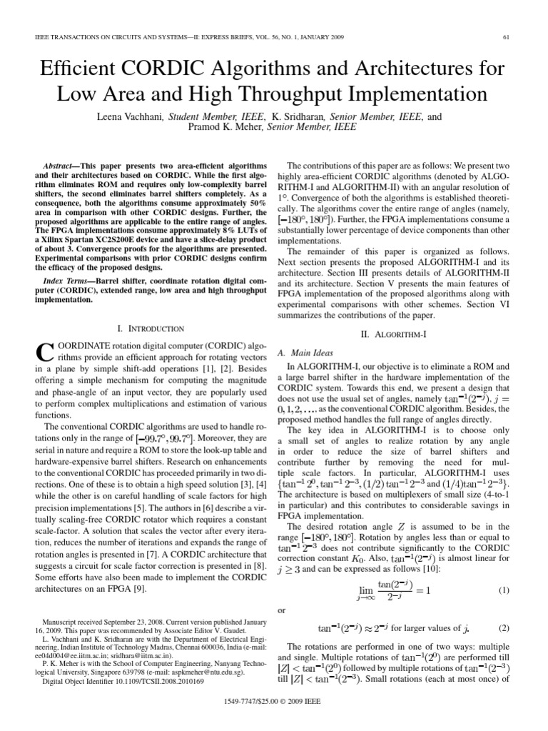 1.leena Efficient CORDIC Algorithms and Architectures For Low Area and ...