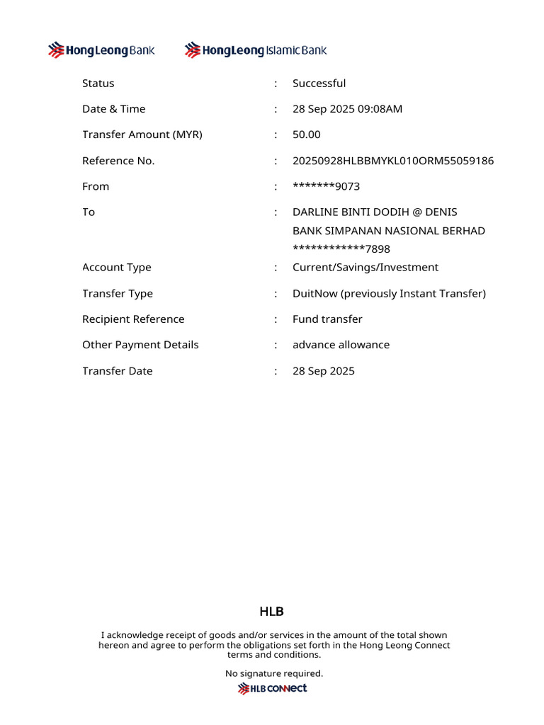 Successful DuitNow Transfer Receipt | PDF