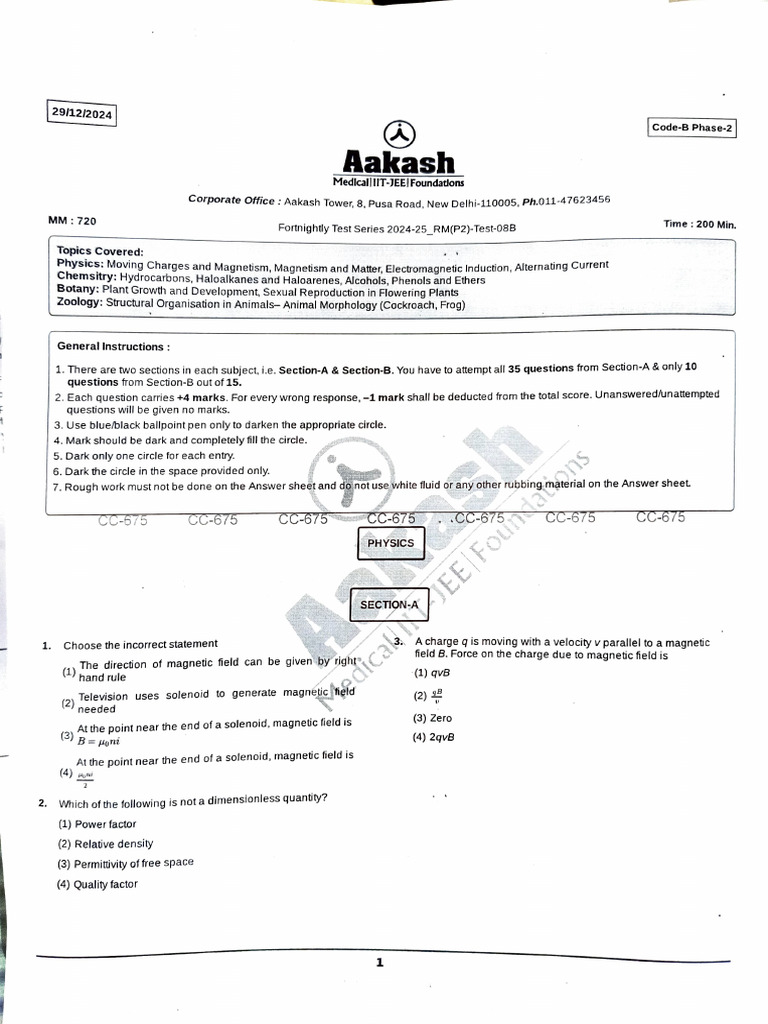 Aakash Fortnightly Test Series 2024-25 | PDF | Inductor | Inductance