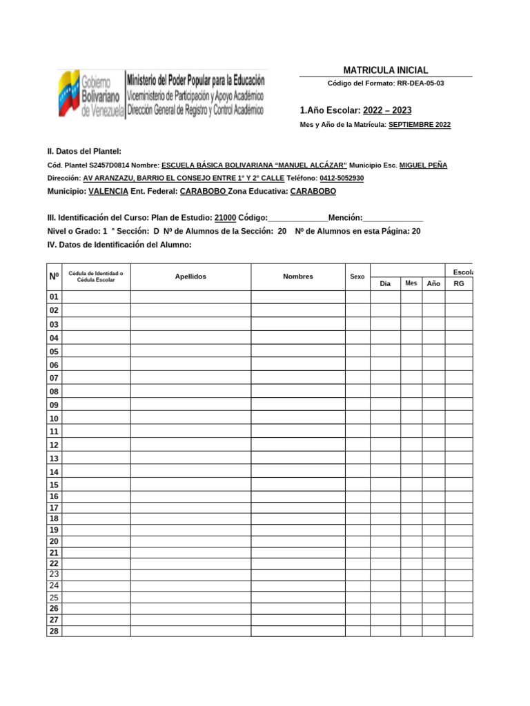 Matriculo 1°b 20 Alumnos | PDF