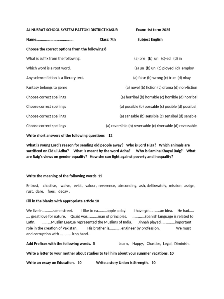 7th Grade English Exam Paper 2025 | PDF