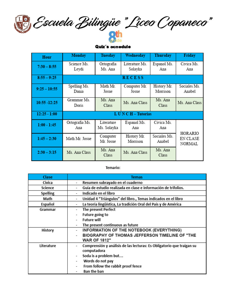 Quiz Schedule 8th Grade TEMPLATE | PDF | Lingüística