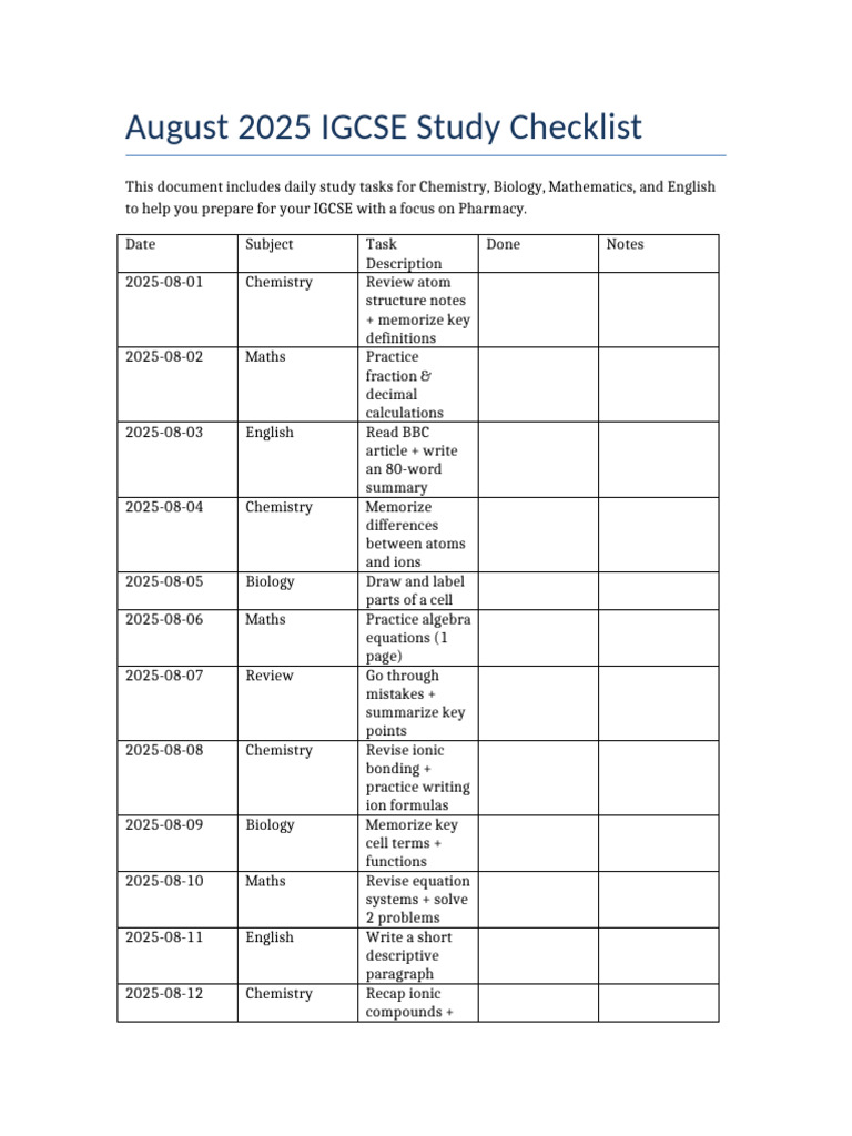 August 2025 IGCSE Study Checklist English | PDF | Mathematics | Chemistry