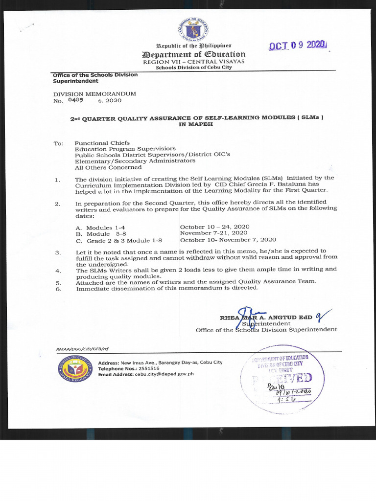 DM 2020 0409-1-4 2nd Quarter Quality Assurance of Self Learning Modules Slms in Mapeh | PDF