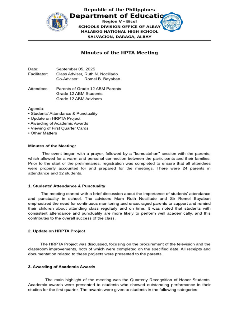 HPTA Minutes of The Meeting 2 | PDF