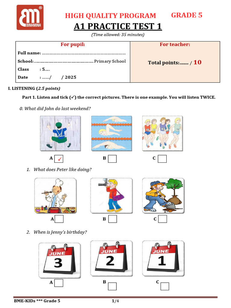 Grade 5-Worksheet33 - A1 Practice 1 | PDF