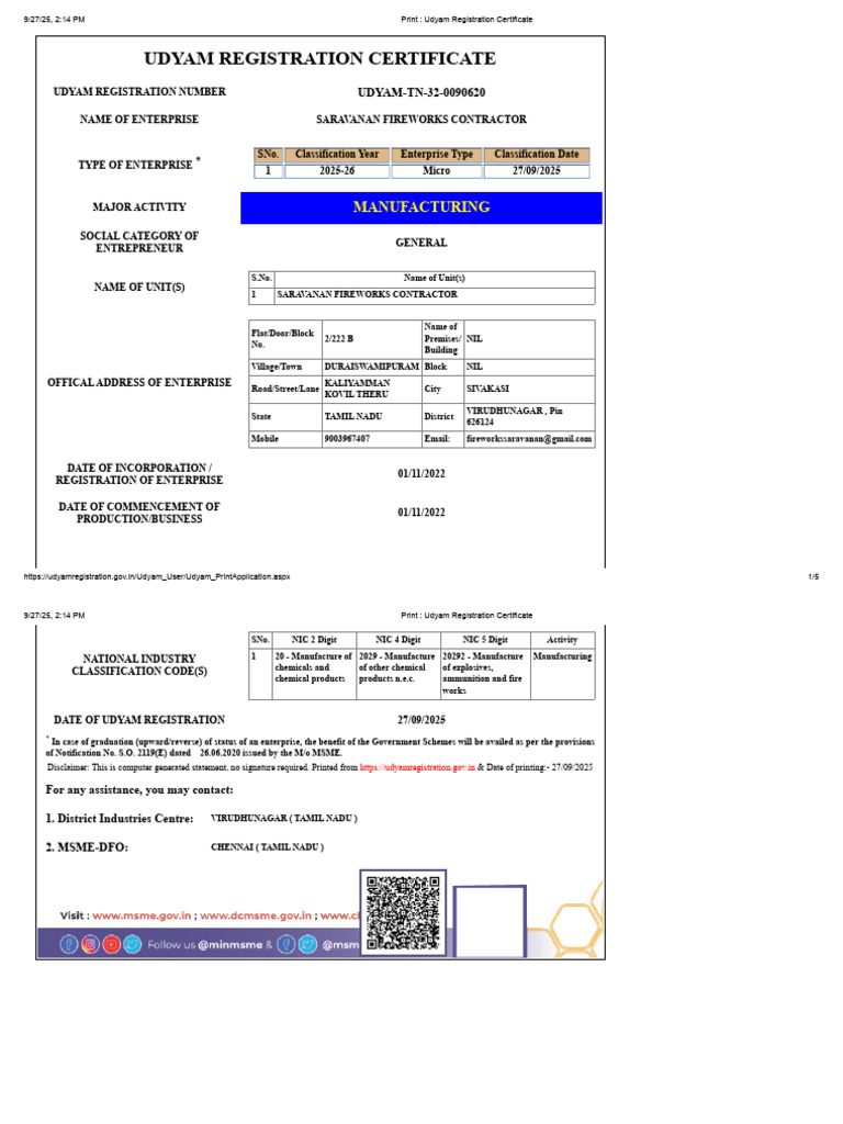 SARAVANAN - Udyam Registration Certificate | PDF