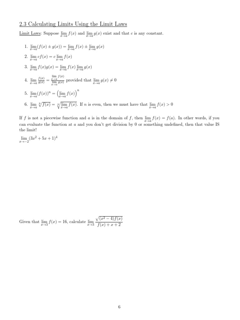 2.3 Calculating Limits Using The Limit Laws: F X G X C | PDF ...