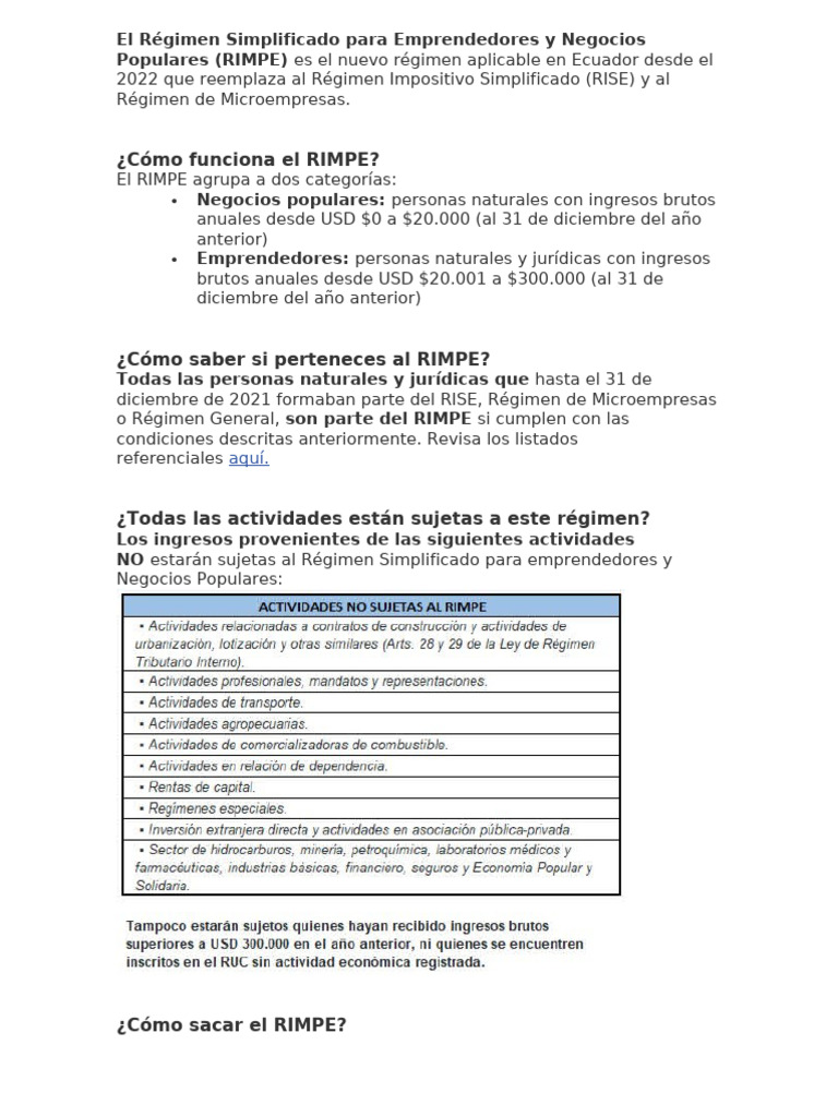 El Régimen Simplificado para Emprendedores y Negocios Populares | PDF