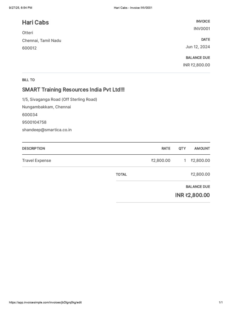 Hari Cabs Invoice | PDF