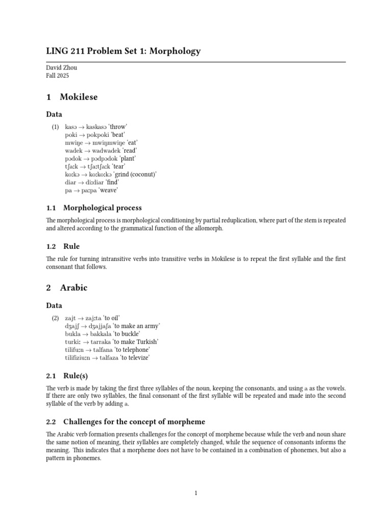 LING 211 Problem Set 1 Morphology | PDF | Morphology (Linguistics ...