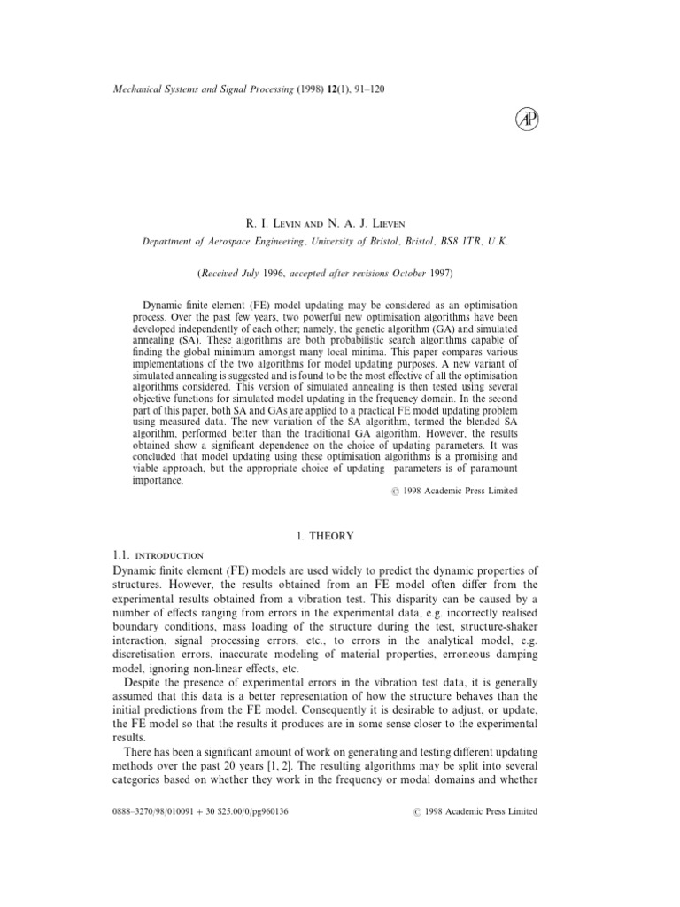 DYNAMIC FINITE ELEMENT MODEL UPDATING Using Simulated Annealing and ...