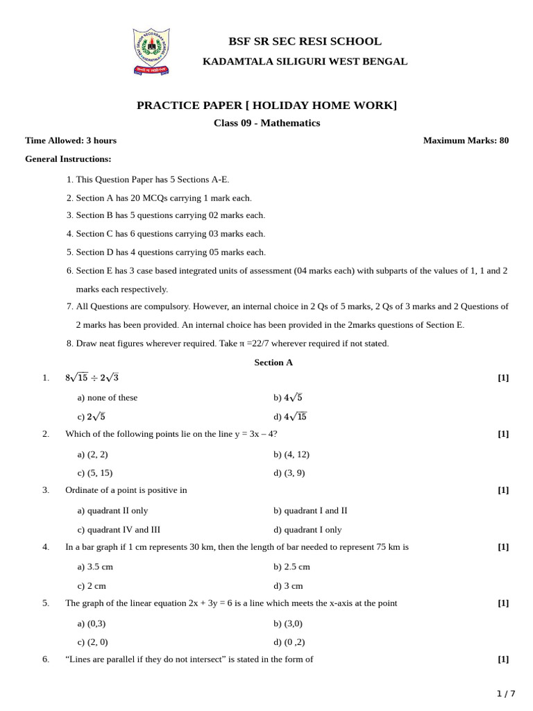 Class 9 Mathematics Practice Paper | PDF | Area | Rectangle