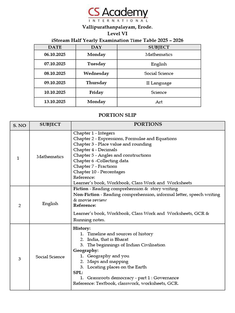 Hye Vi Time Table & Portion Slip 2025 26 | PDF