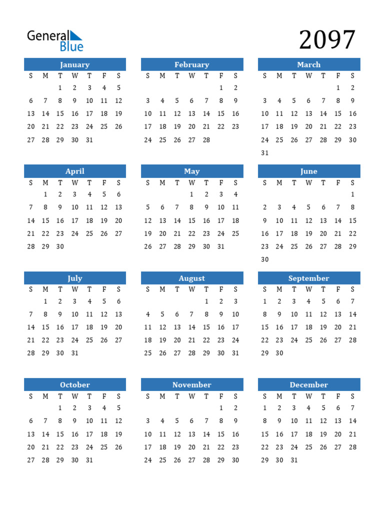 2097 Calendar Portrait Sunday Start | PDF