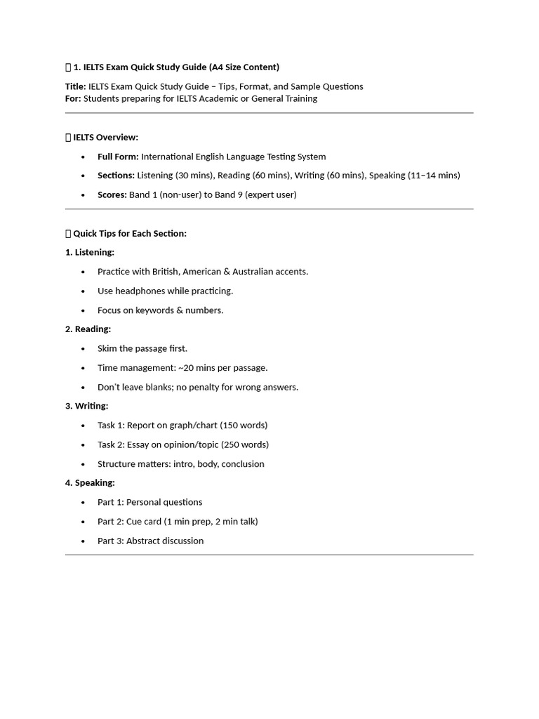 IELTS Exam Quick Study Guide (A4 Size Content) Title: For | PDF