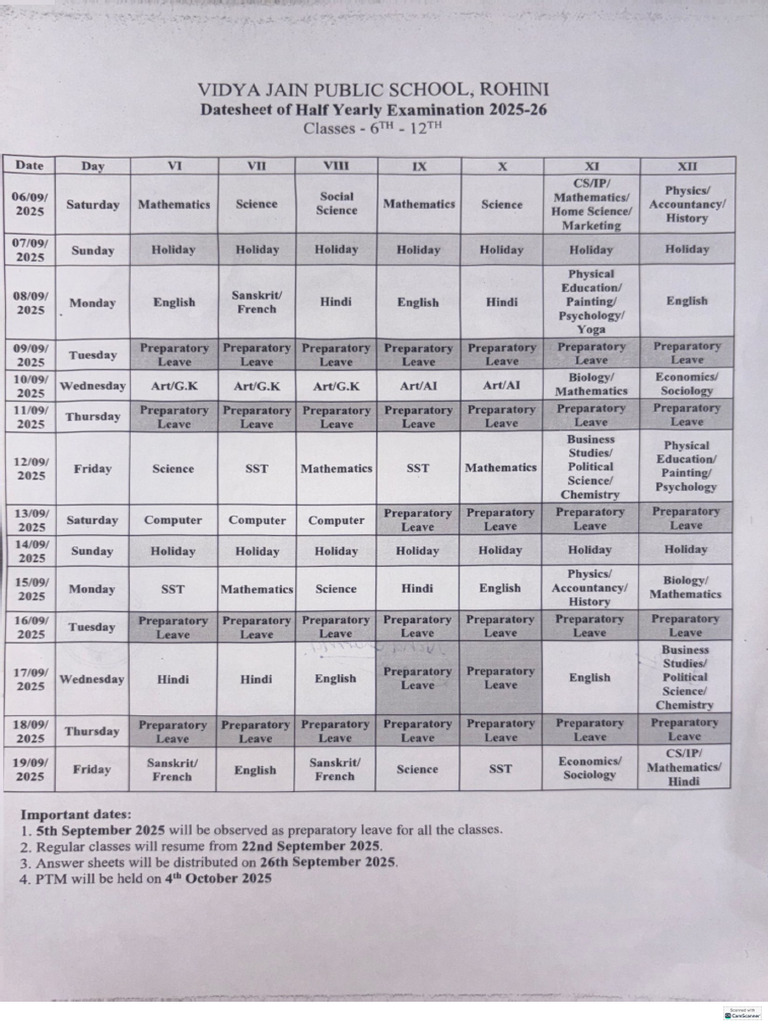 Half Yearly Datesheet 6-12 | PDF