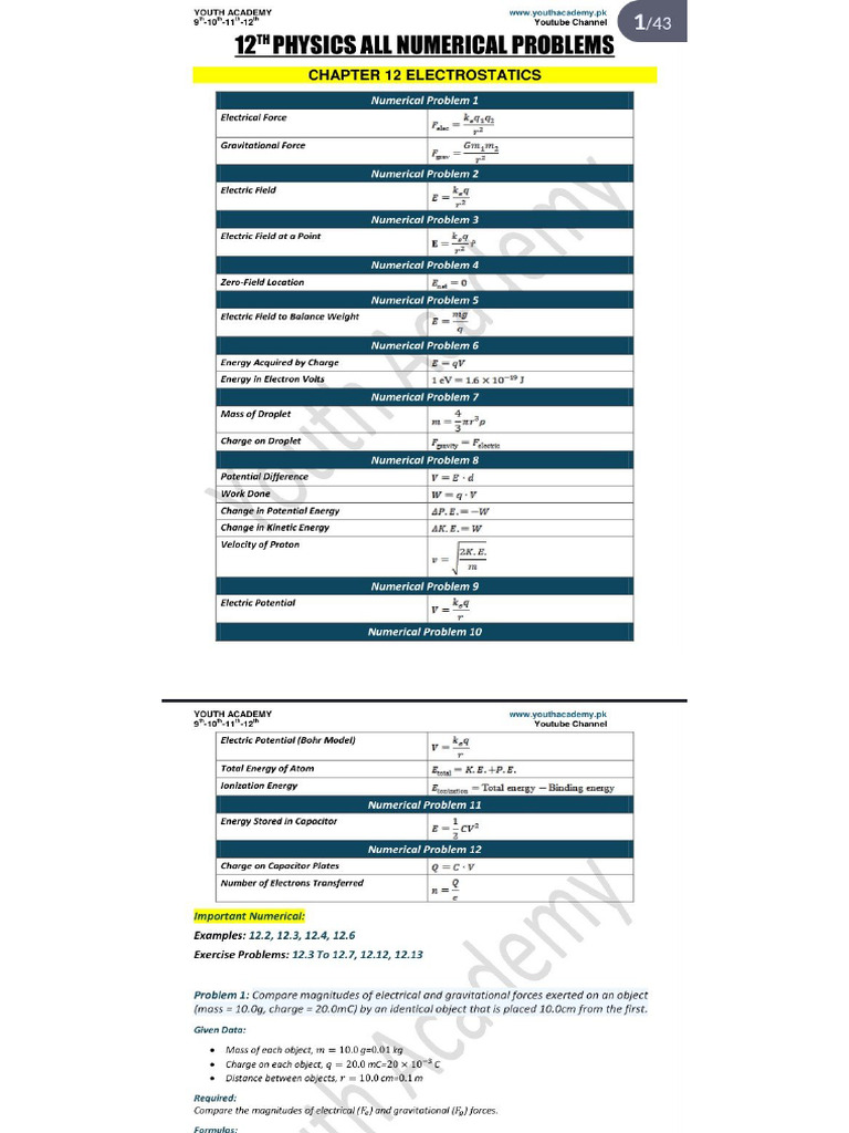 Physics Class 12 Formulas Numerical Chapter 12 | PDF