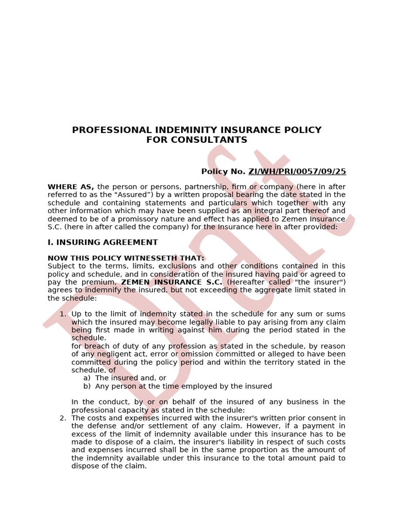 Professional Indeminity Insurance Policy | PDF | Indemnity | Insurance