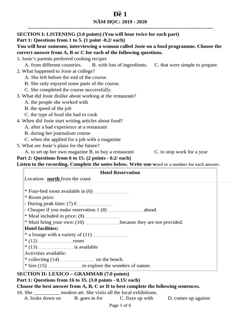 Listening and Grammar Test 2019-2020 | PDF | Sleep | Sleep Deprivation