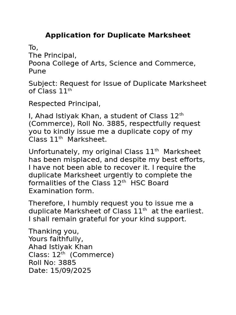 Request for Duplicate 11th Marksheet | PDF