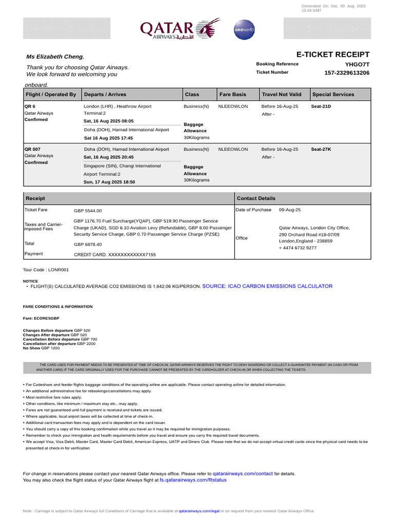 Qatar Airways E-Ticket Receipt Details | PDF | Debit Card | Visa Inc.