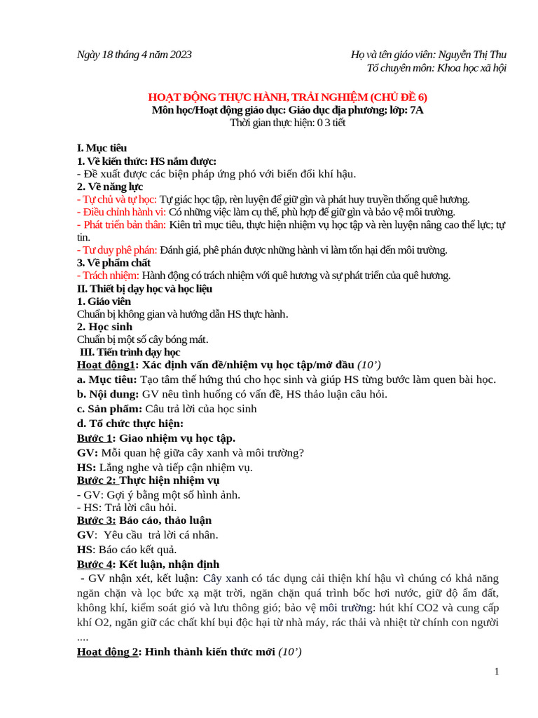 GDDP 7 - HĐTN CĐ 6 | PDF