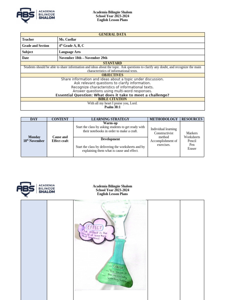 19.2 Reading - Lesson Plan - 4th Grade Nov. 18th To Nov. 29th | PDF ...