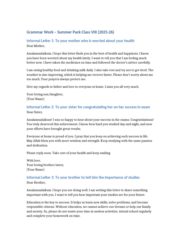 Informal and Formal Letter Samples for Class VIII | PDF