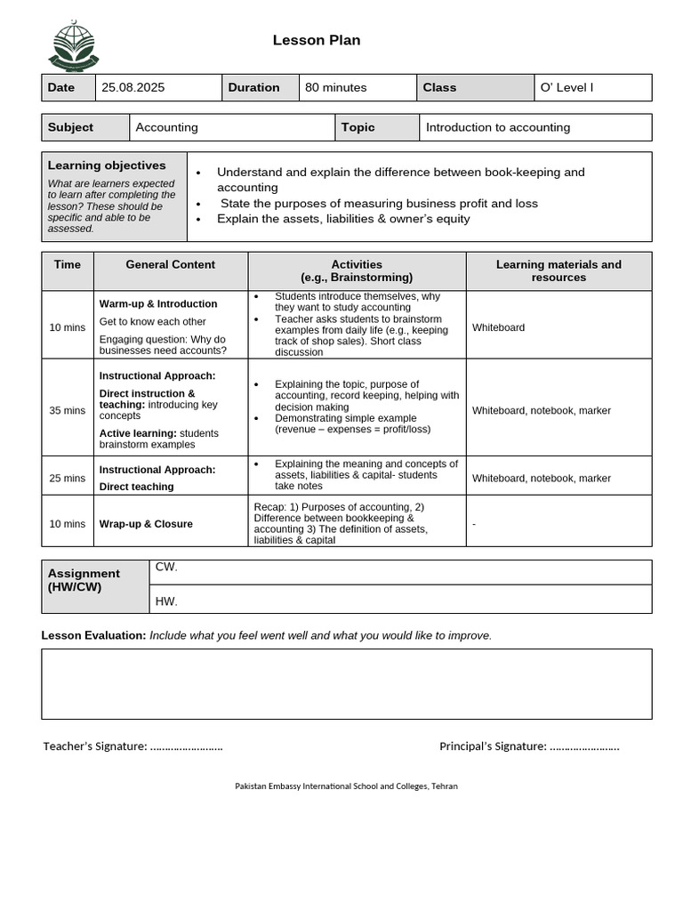 Introduction to Accounting Lesson Plan | PDF | Lesson Plan | Cognition